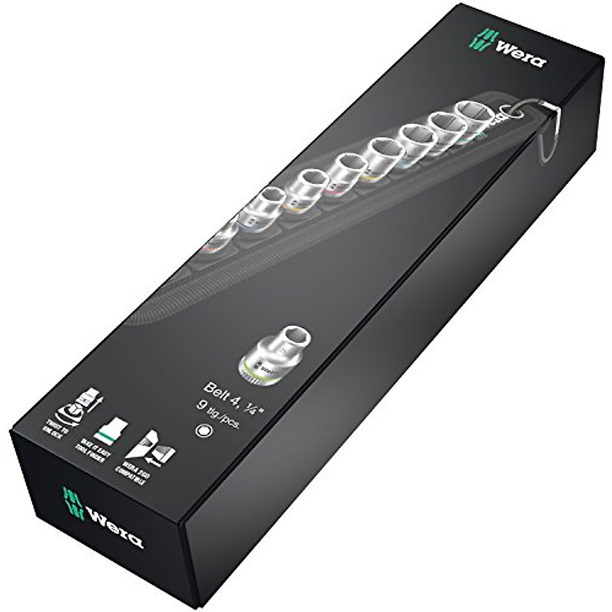 Wera Tools 05003883001 Belt 4 Sock Set 1/4" drv 9 Pieces, One Size, Multi