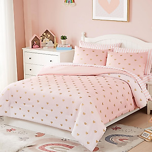 Wink Deer Kids Pink Bedding Sets, 5 Piece Twin Comforter Set with Sheets, Gold Heart Shaped Pink Cute Bedding for Girls, Twin Bed in a Bag(Twin, 66" X 86")