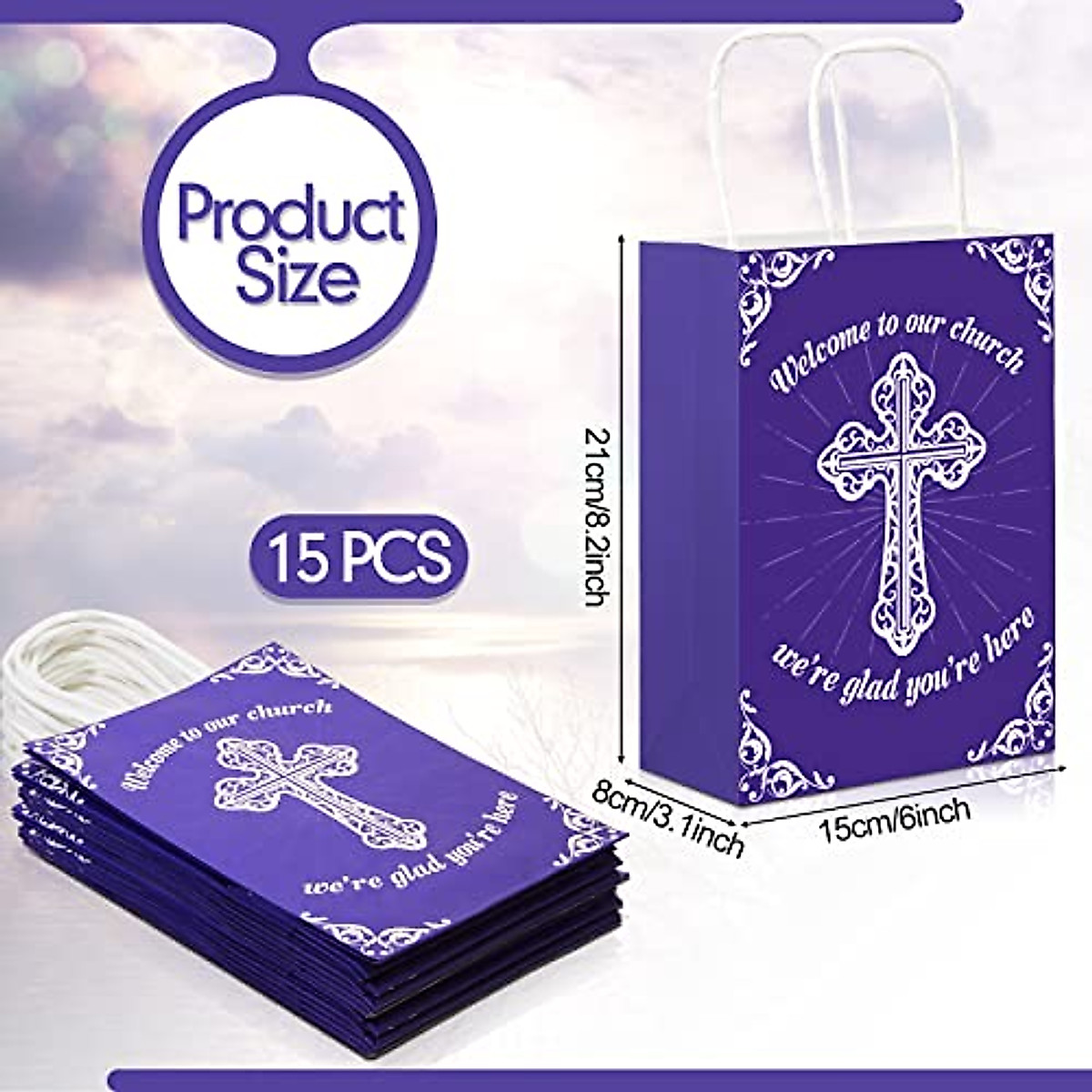 15 Pieces Welcome Gift Bags with Handles Purple Welcome to Our Church Gift Bags Religious Church Bag Baptism Gift Bag Bulk for Birthday Church Theme Party Supplies, 5.9 x 3.1 x 8.3 Inch