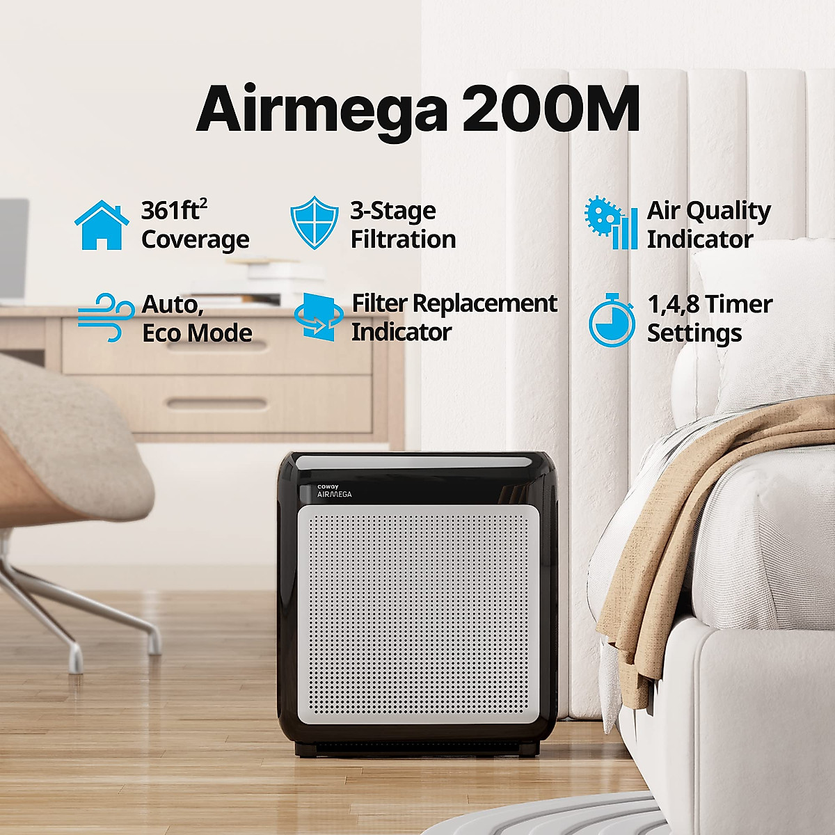 Coway AIRMEGA 200M True HEPA Air Purifier, 361 sq.ft, Black