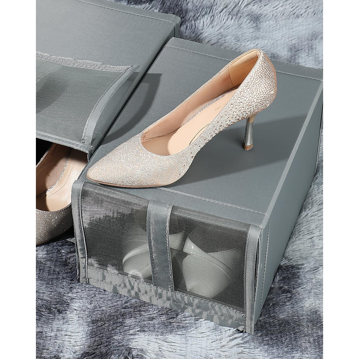 NEATJELAI Shoe Organizer for Closet Small Shoe Box Storage Containers Collapsible Stackable Breathable Shoe Storage Bins Suitable for Wardrobe Closet,4 Pieces-Gray