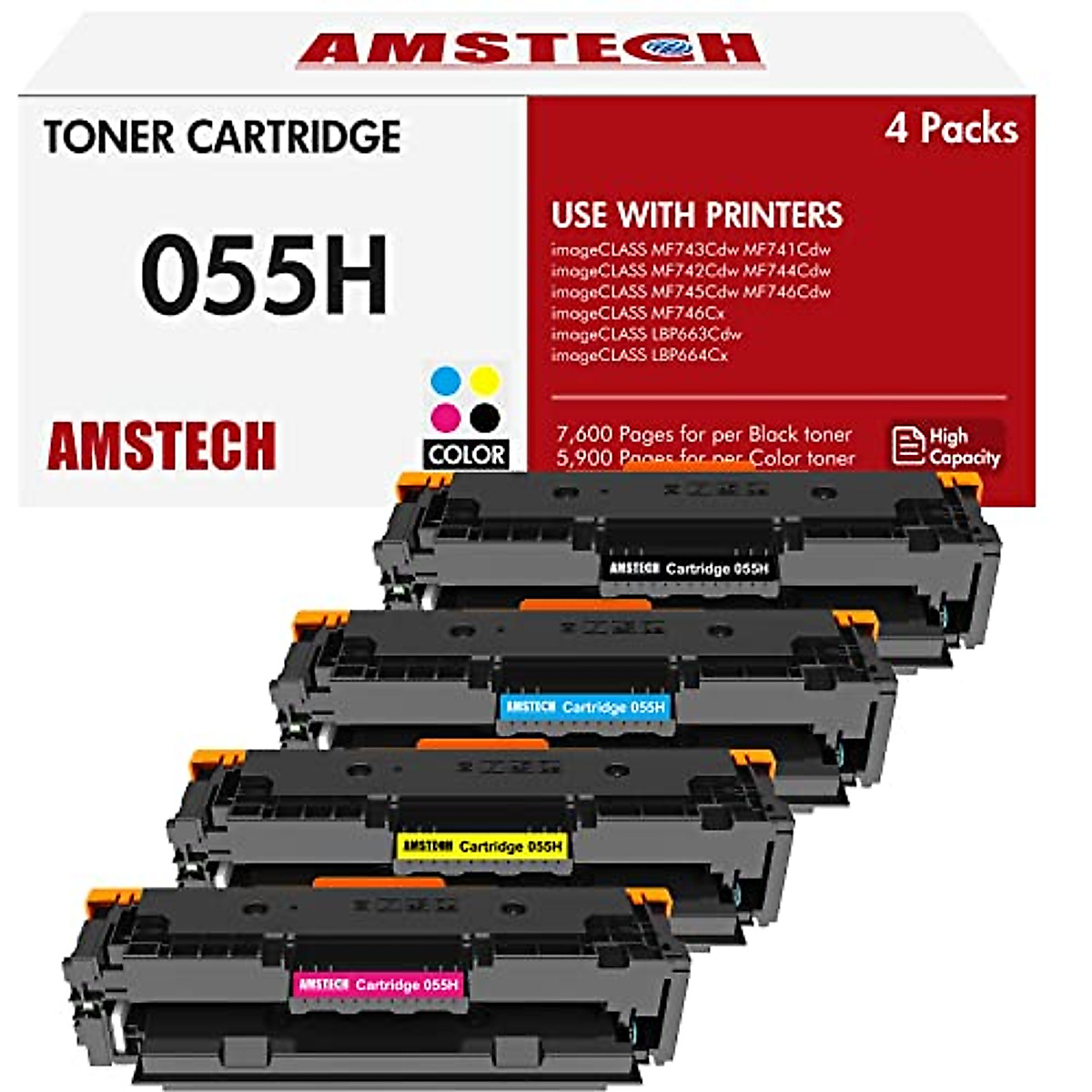 055H 055 MF743Cdw Toner Cartridge High Capacity 4 Pack Compatible Replacement for Canon Cartridge 055 Color ImageCLASS MF743Cdw MF741Cdw MF746Cdw LBP664Cdw Printer Black/Cyan/Magenta/Yellow