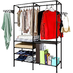 Clewiltess Garment Freestanding Clothes Organizer Closet, Metal Hanging Storage Organizer Rack Wardrobe with Shelves& Hanging Rods,Clothes Hanger Organizer (Black)