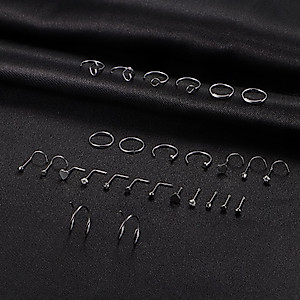 FINREZIO 27PCS 22G Surgical Steel Nose Rings Hoop Nose Studs for Women Men L Shaped Nose Rings Stud Cartilage Earrings Piercing Jewelry