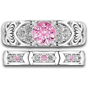VRUSHA JEWELS 3Ct Round Cut Pink Sapphire & Diamond Flower Inspired Wedding Bridal Ring Set 14k White Gold Over (8)