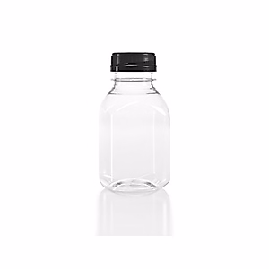 (6) 8 oz. Clear Food Grade Square Plastic Juice Bottles with Black Tamper Evident Caps 6/pack