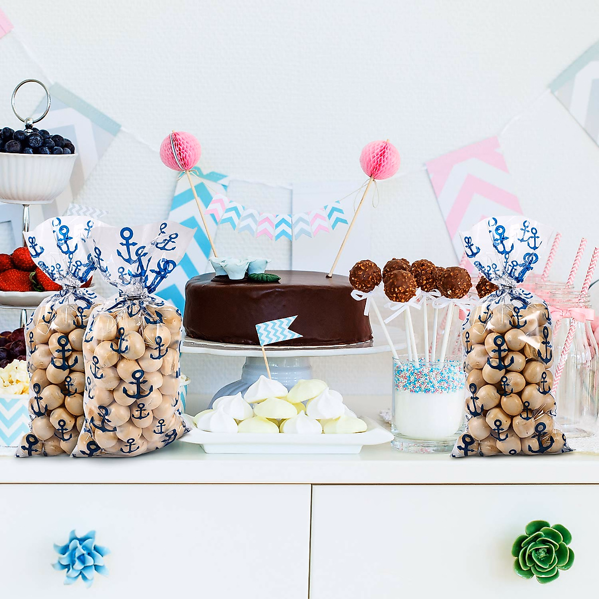 100 Pieces Nautical Anchors Party Bags Nautical Candy Cellophane Bags Heat Sealable Treat Bags with 100 Pieces Gift Twist Ties for Nautical Beach Decoration Themed Party(Blue, Red) (Blue)