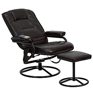 Flash Furniture Whitney Massaging Multi-Position Recliner and Ottoman with Metal Bases in Brown LeatherSoft