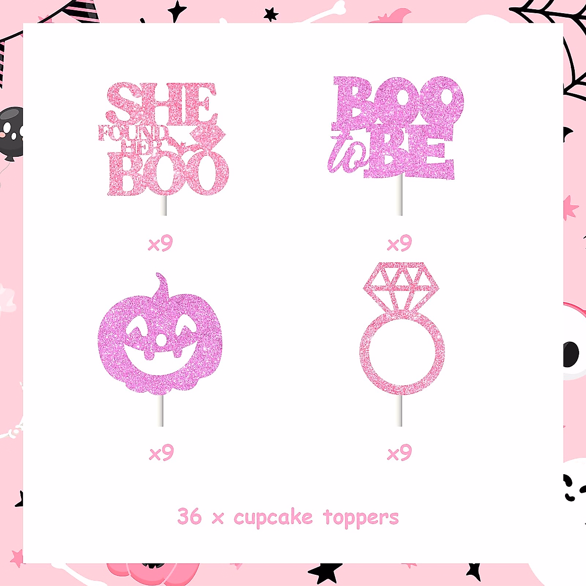 JOYMEMO 36 Pcs Halloween Bachelorette Cupcake Toppers Pink Purple - She Found Her Boo Bridal Shower Decorations, Boo to Be Cake Decorations for Engagement Party