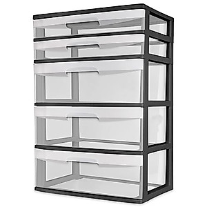 CLMSTE Plastic 5 Drawer Wide Tower, Black