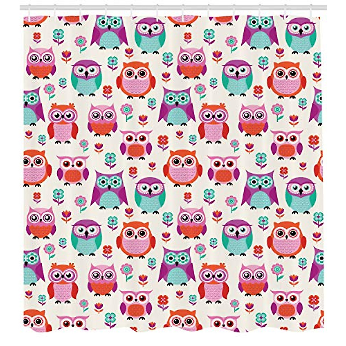 Ambesonne Owls Shower Curtain, Owls Happy Childhood Hipster Modern Repeated Animals Pattern Illustration, Cloth Fabric Bathroom Decor Set with Hooks, 69" W x 84" L, Orange Fuchsia Seafoam