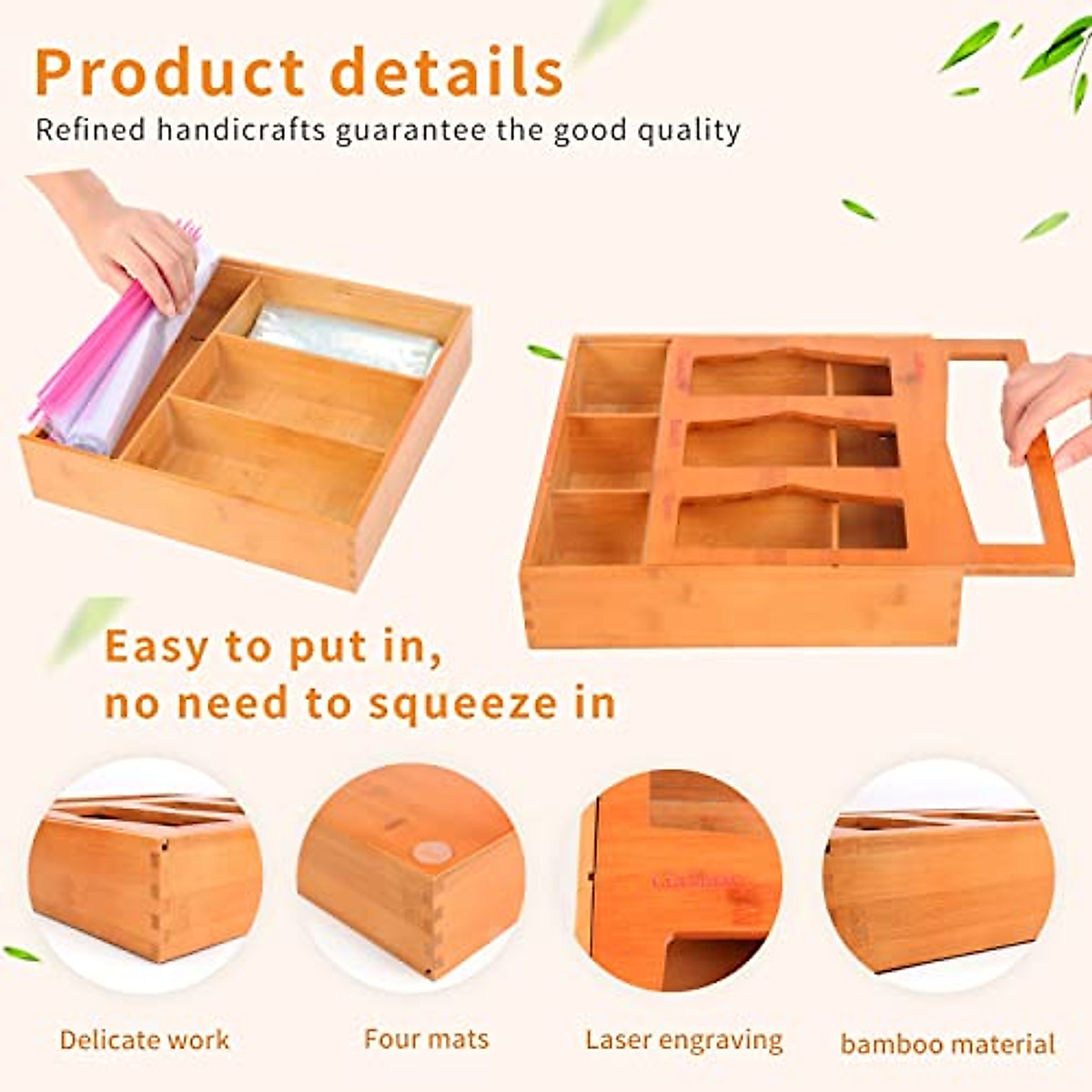 EZOGEVT Ziplock Bag Storage Organizer for Kitchen,Bamboo Baggie Organizer for Drawer,Compatible with Ziploc, Solimo, Glad, fit for Gallon, Quart, Sandwich and Snack Variety Size of Bags(4 Size in 1)