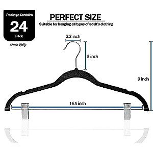 GVTECH Velvet Hangers with Clips, [24 Pack] Metal Clip Hangers for Pants - Notched Velvet Skirt Hangers for Pants, Skirts, Suit, Dresses & Shirts 360° Swivel Hook - Non Slip Felt Hangers (Black)