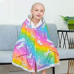 Nidoul Kids Wearable Blanket Hoodie, Unicorn Cape Cloaks with 3D Ears Winter Fleece Baggy Poncho for Girls Christmas Party