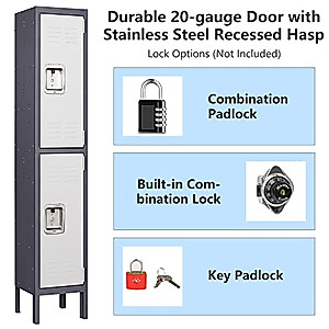 MIIIKO Employee Lockers with 2 Doors, Metal Locker 2 Tier School Lockers with Vents and Hanging Hooks, for Storage of Clothes, Sportswear, Bags, Shoes