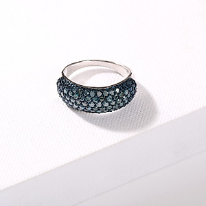 DZON Sterling Silver 1CT TDW Blue Diamond studded Ladies Cocktail Prong Set Right Hand Fashion Anniversary Wedding Multi Row Ring Band for Women (I-J, I2) Ring Size 7