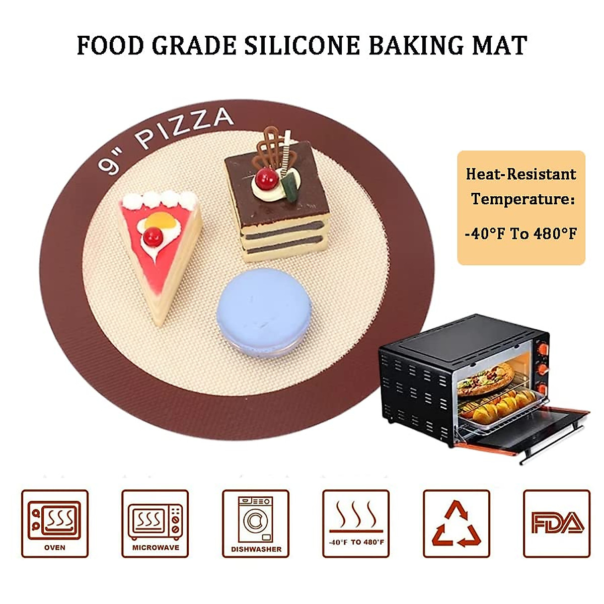 3 Pack Pizza Mat Round Silicone Baking Sheet Liner, Non-Stick Silicone Baking Mats, for Bake Pans/Rolling/Cookie/Cake/Pizza/Pie(Round 9")