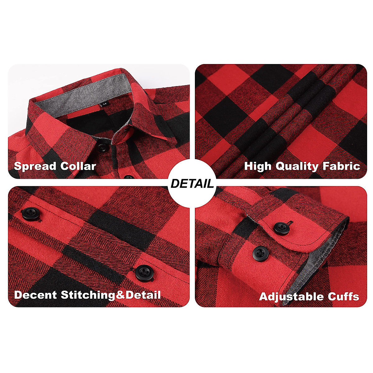 WARHORSEE Flannel Shirt for Men Long Sleeve Regular Fit Button Down Casual Plaid Shirt,RED,L
