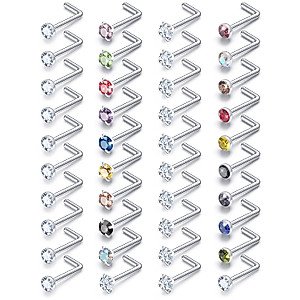 Eakxnig Nose Ring Stud 18G L Shaped Nose Studs CZ Top 1.5mm Nose Ring Surgical Steel Nose Piercing Jewelry 18 Gauge Nose Rings Studs for Women Men