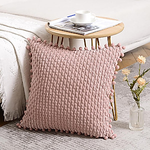 Fancy Homi 2 Packs Dusty Pink Decorative Throw Pillow Covers 18x18 Inch with Pom-poms for Couch Bedroom Living Room, Farmhouse Boho Home Decor, Soft Cute Plush Corduroy Blush Cushion Case 45x45 cm