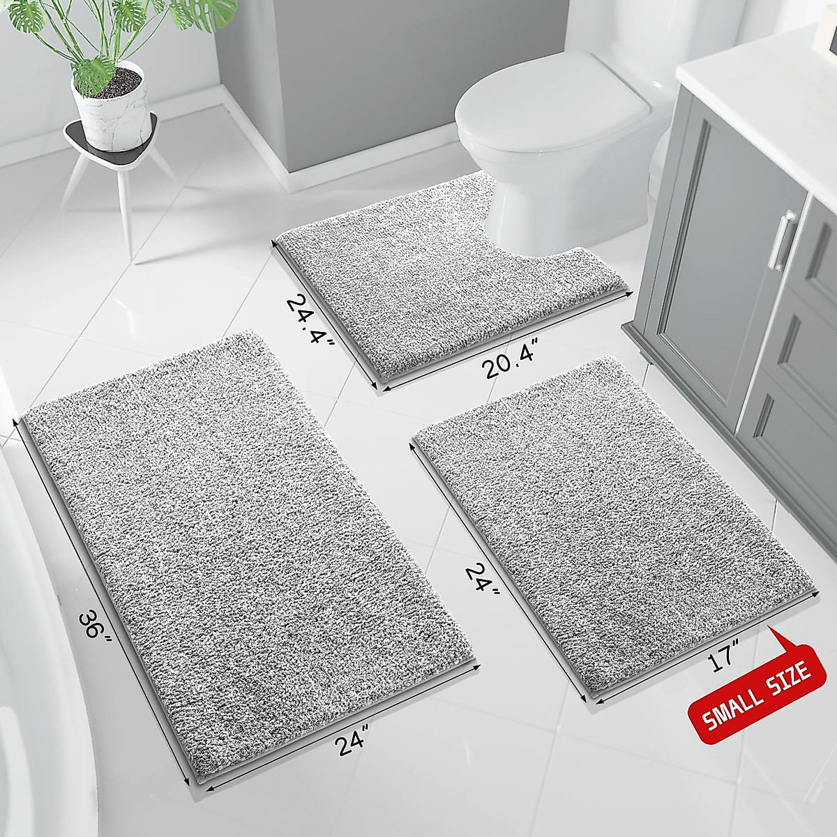Yimobra Bathroom Rugs Mat, Extra Soft Comfortable Bath Rugs, Non-Slip, Water Absorbent and Thick Bathroom Floor Mats, Machine Washine, Shaggy Rugs for Shower Bathtubs, 24" x 17", Grey&White