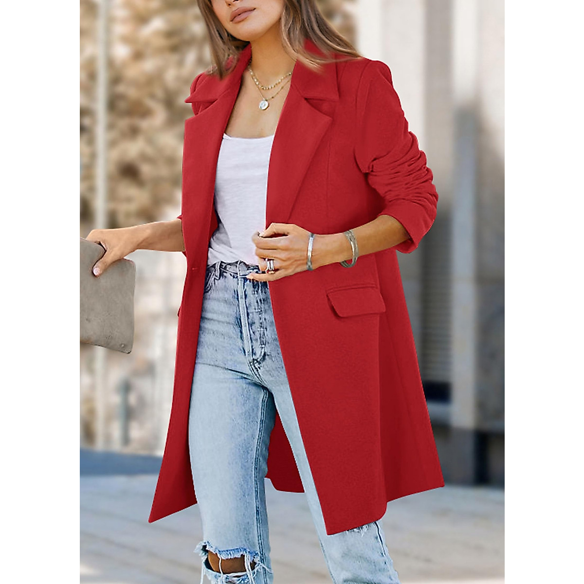 PRETTYGARDEN 2024 Fall Long Blazer Jackets for Women Long Sleeve Lapel Pockets Loose Fit Business Casual Blazers Outfits (Red,Small)
