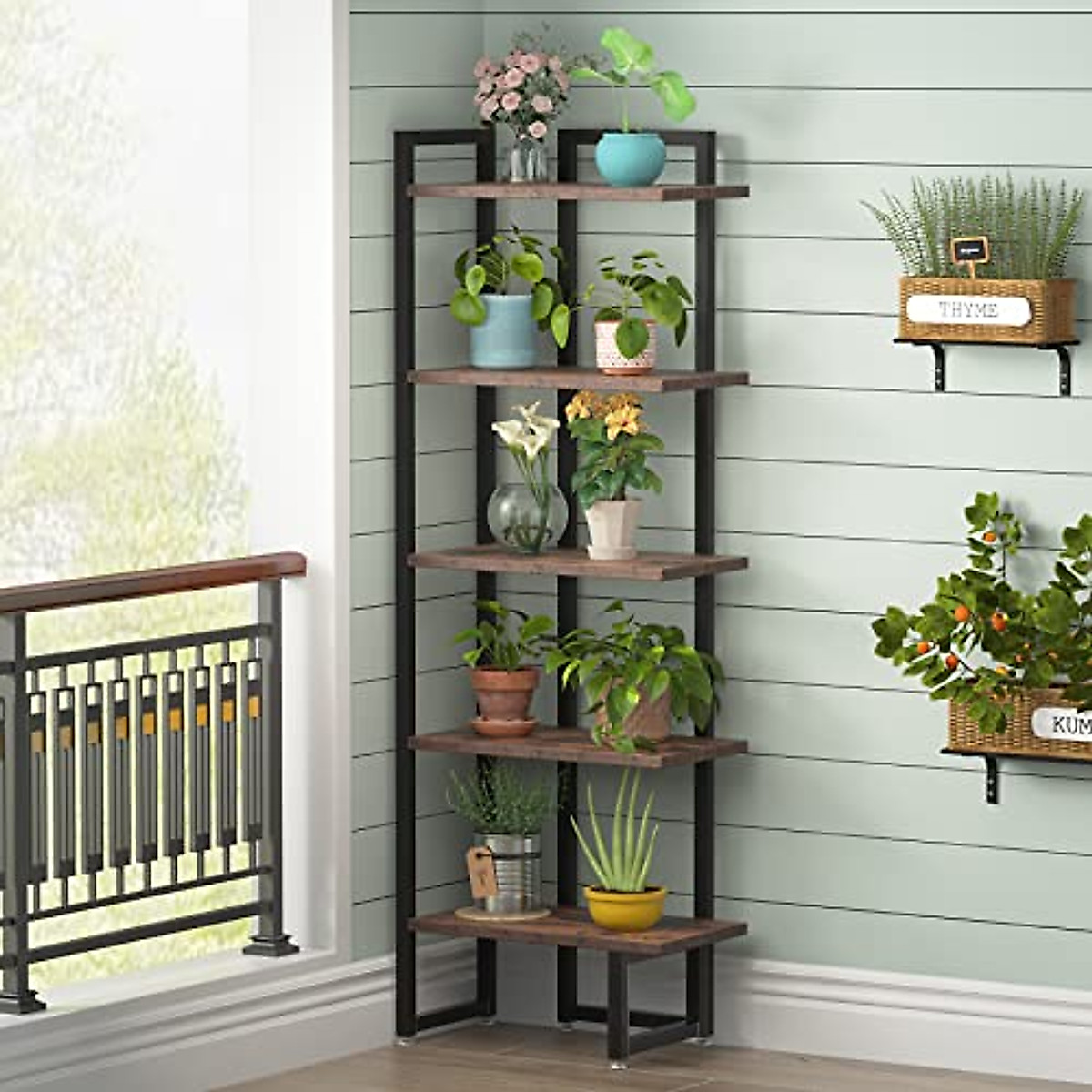 Tribesigns Corner Shelf Stand, Industrial 5 Tier Wood Corner Bookshelf with Rectangle Board, Corner Storage Rack Shelves Display Plant Flower, Stand Ladder Bookcase for Home Office Kitchen Bedroom