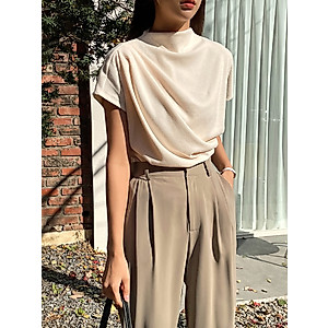 SweatyRocks Women's Casual Short Sleeve Mock Neck Tee Top Asymmetric Ruched Plain T Shirt Beige S