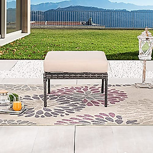 LOKATSE HOME Patio Footstool Outdoor Ottoman with Soft Thick Cushion for Garden Yard Deck Sunroom, Beige