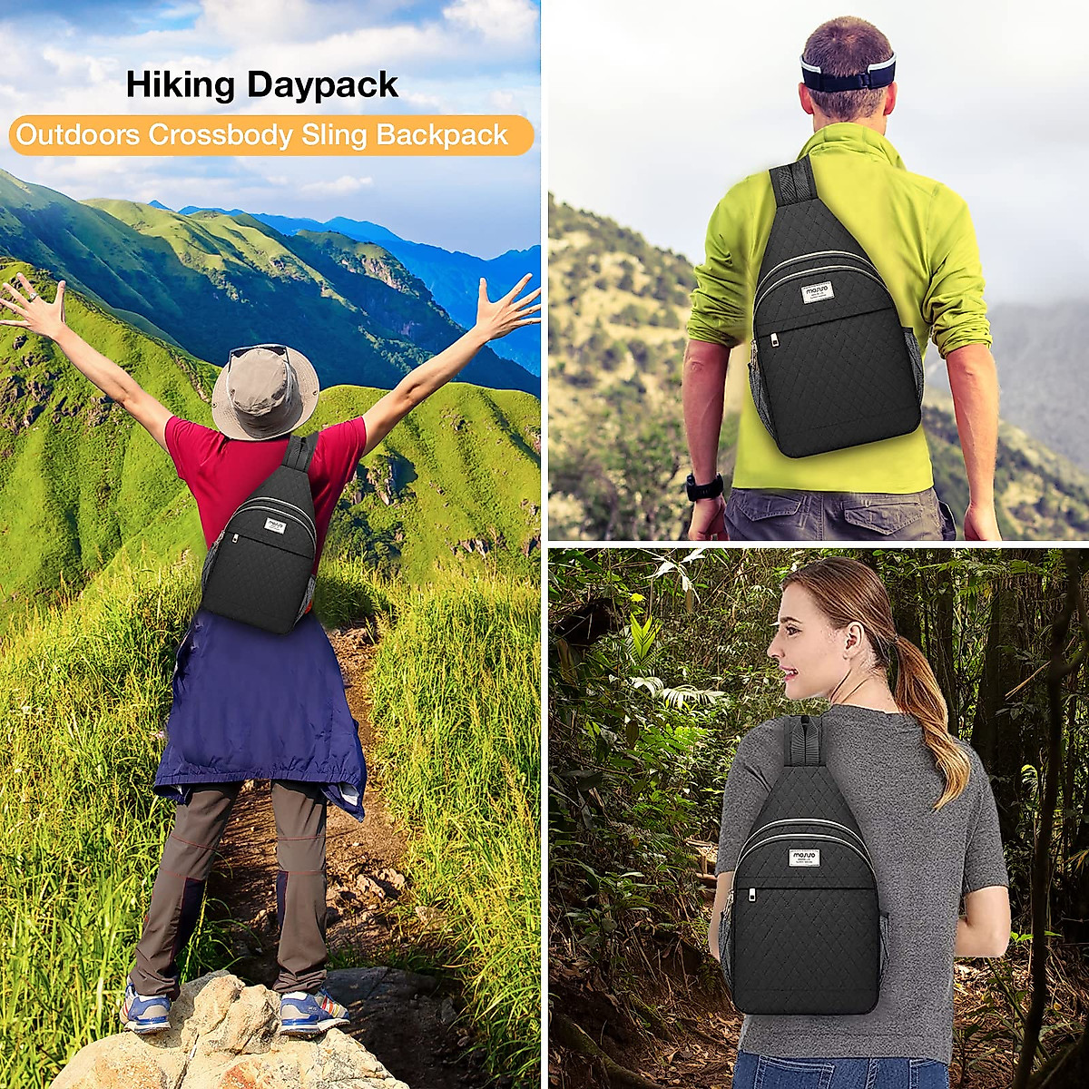 MOSISO Sling Backpack, Rhombus Quilted Crossbody Bag with Front Pockets Casual Chest Shoulder Travel Hiking Daypack Bag, Black