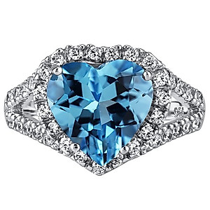 PEORA Swiss Blue Topaz Signature Heart Ring for Women 925 Sterling Silver, Natural Gemstone Birthstone, Large 5.25 Carats Heart Shape 11mm, Size 7