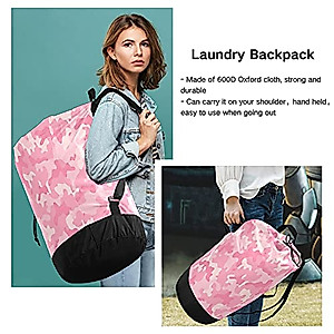 xigua Cute Pink Camo Laundry Bag Drawstring Closure Waterproof Durable Backpack Storage Basket Organization Dirty Clothes Bag Laundry Hamper with Shoulder Straps