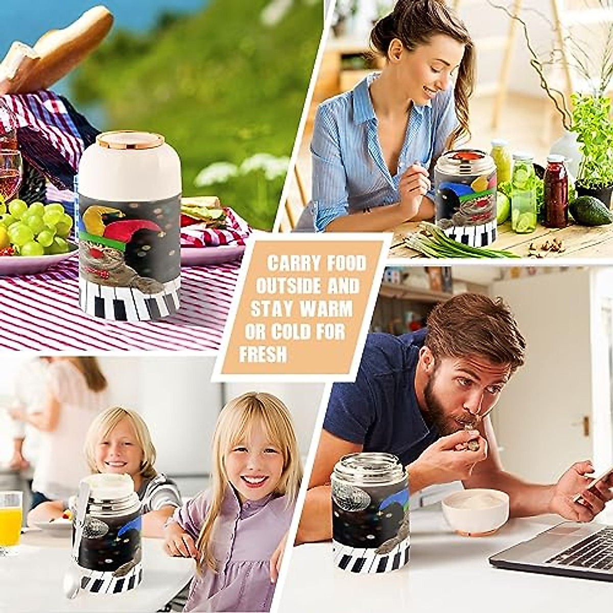 CUPADA Cat Musician Cute Food Jar, Clown Hats Color Insulated Hot Food Jars Vacuum 17OZ with Folding Spoon for Work Trip Picnic Camping