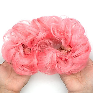 QTHQTFL 2pcs Messy Bun Hair Piece Scrunchie Hair Bun Hair Pieces for Women Girls Elastic Rubber Band Curly Wavy Synthetic Hair Bun Scrunchies Ponytail Extensions (Pink)