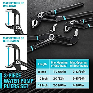 DURATECH Groove Slip Joint Set, Water Pump Pliers Set, V-Jaw Tongue and Quick Release Plumbing Pliers, 8-inch, 10-inch, 12-inch, CR-V Steel, Organized in Pouch