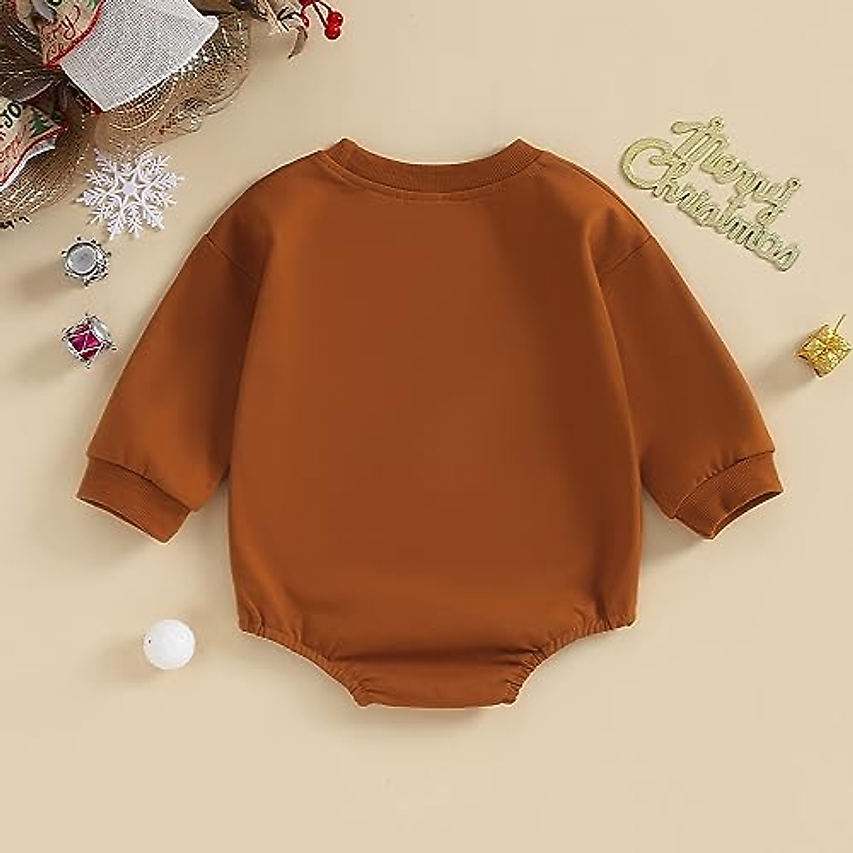 Amiblvowa Unisex Baby Girl Boy Christmas Outfit Long Sleeve Oversized Crewneck Sweatshirt Shirt Bubble Romper Xmas Clothes (Cookie Brown, 12-18 Months)