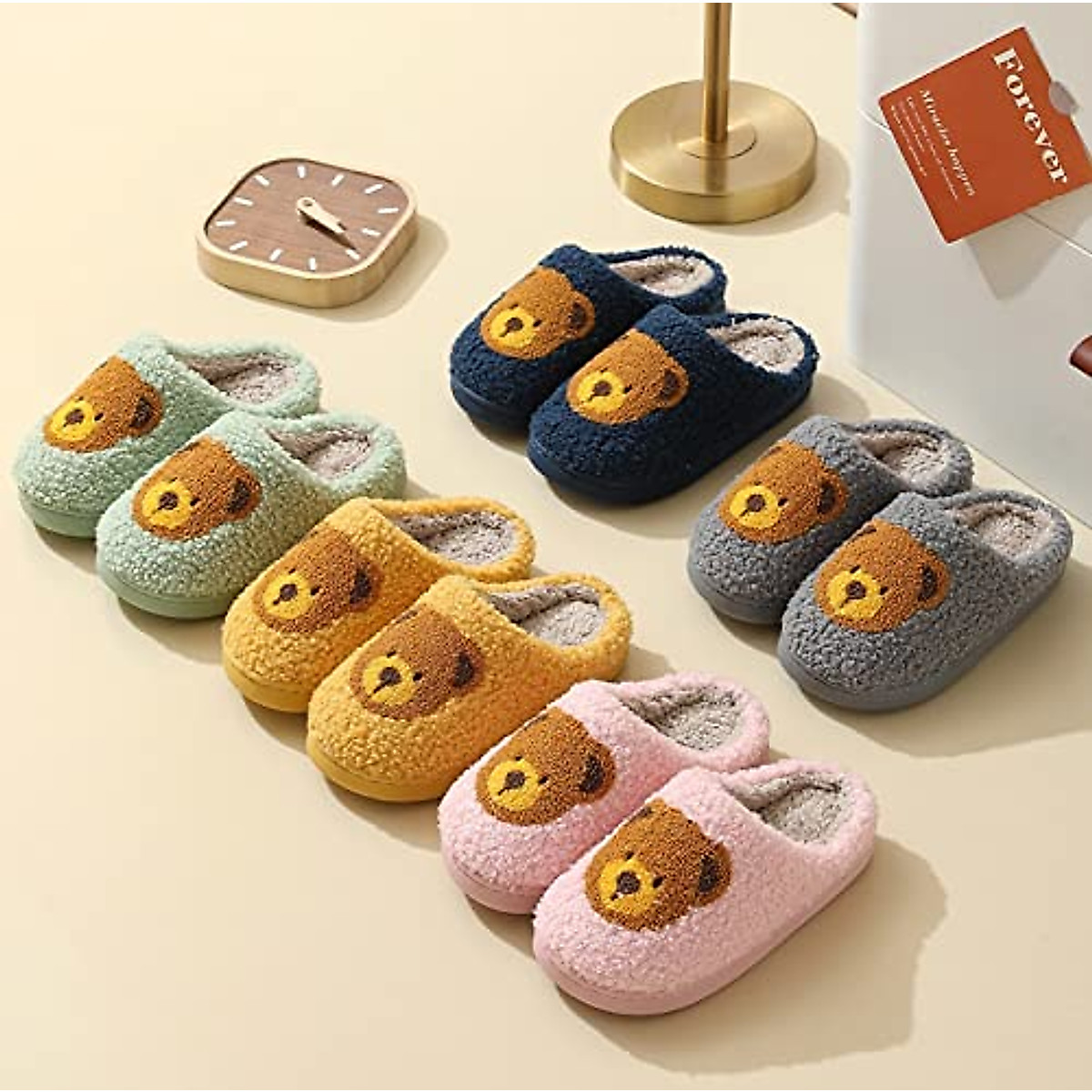 TYFLOVE Teddy Bear Slippers for Women/Men/Kids Smiley Face House Slippers Warm Cozy Plush Slip-On Slippers Soft Fuzzy Slippers