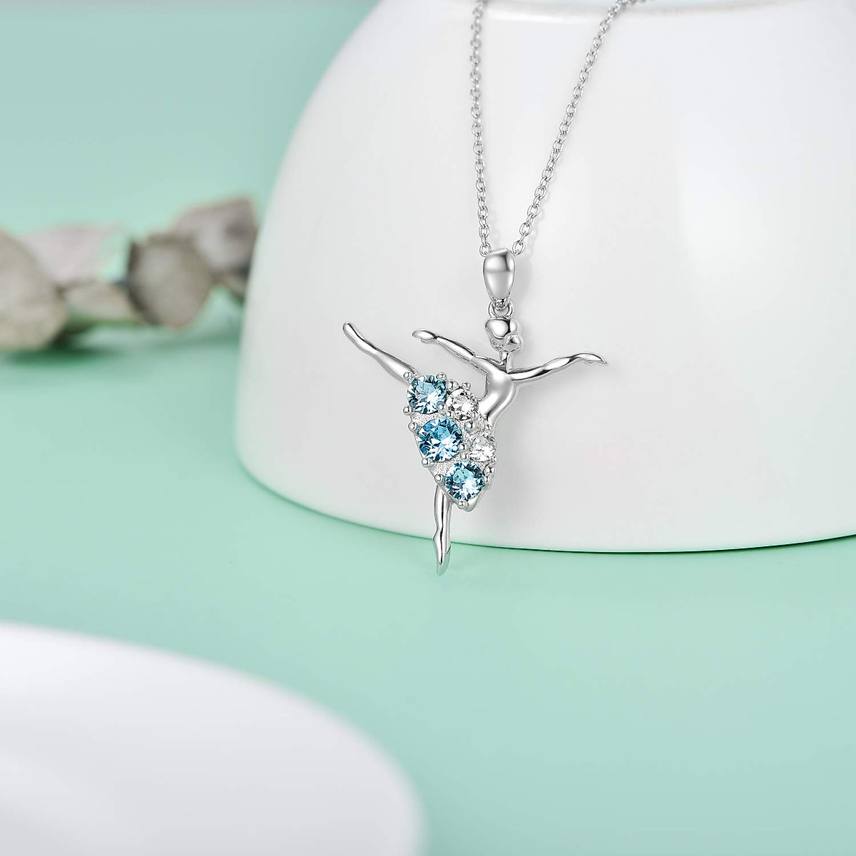 AOBOCO Ballerina Necklace Sterling Silver Ballet Dancer Pendant Jewelry with Simulated Aquamarine Crystals