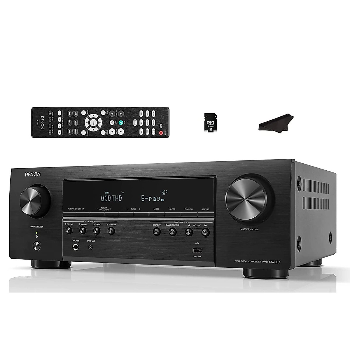 Denon - AVR-S570BT Receiver, 5.2 Channel, 8K Ultra HD Audio and Video, Home Theater System, Built-in Bluetooth and USB - Black | Includes Kwalicable Micro SD Card & Cleaning Cloth