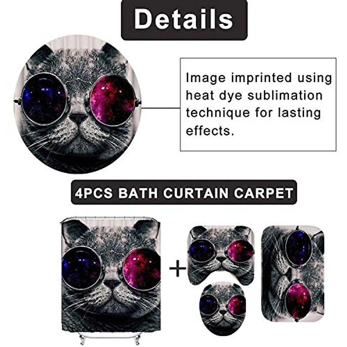 4PCS Space Cat Shower Curtain Sets with Rugs,Cat wear Galaxy Glasses Kids Bathroom Decor Non-Slip Bathroom Mat Bath Mat Toilet Rug,with 12 Hooks,72X72 Inch,Gray Cat