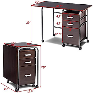 CHEFJOY Folding Computer Study Desk, Home Office Desk with 6 Smooth Wheels & 3 Large Drawers, Mobile Laptop Desk Writing Table for Small Space, Bedroom, Living Room (Brown)