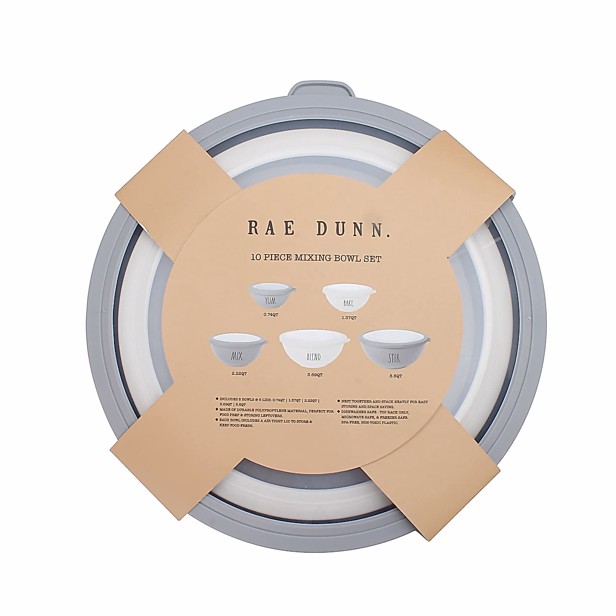 Rae Dunn Mixing Bowls with Lids - 10 Piece Plastic Nesting Bowls Set includes 5 Prep Bowls and 5 Lids (Grey)