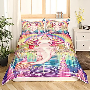 Feelyou Cartoon Axolotl Duvet Cover Ocean Animal Bedding Set for Kids Boys Girls Rainbow Castle Comforter Cover Cute Sea Animal Bedspread Cover with 1 Pillowcase 2Pcs Bedding Toddler,No Comforter
