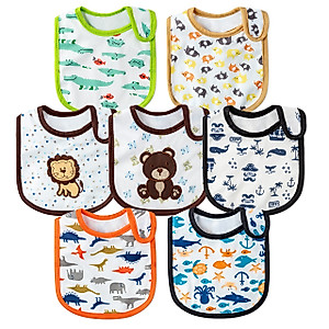 2ooya 7Pcs Waterproof Cotton Baby Bibs Adjustable Hook Loop Closure Infant Bib Unisex Blue Newborn Babies Infant Food Bibs Keepsake Baby Gift for Eating Teething Drooling Feeding（6-12 Months）