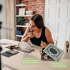 Diamond Art Wooden Box with Mirror Kit 5D DIY Mandala Diamond Painting Decorative Boxes Small Retro Remote Storage Box Jewelry Trinket Stash Gem Mosaic Arts Crafts for Women Dresser Desktop Decor