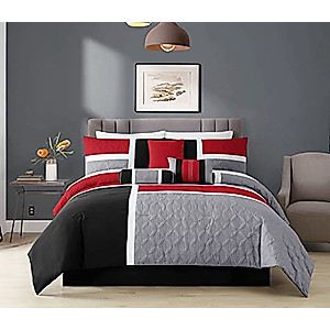 Chezmoi Collection 7-Piece Quilted Patchwork Comforter Set, Red/Gray/Black, Queen