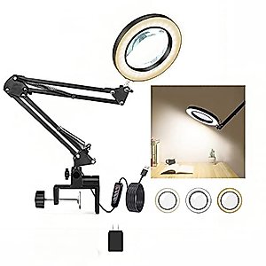 NOEVSBIG Magnifying Lamp with Light, 3 Adjustable LED Light, 10 Brightness 5X Magnifier Desk Clip on Lamps for Close Reading/Office/Hobbies/Crafts Reading Table Work Clamp Lights(20 INCH)