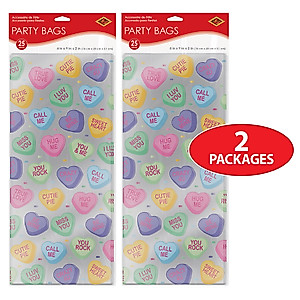 Beistle 50 Piece Candy Heart Valentine's Day Cellophane Bags, Plastic Cello Treat Holders, Twist Ties Included, Celebrating With You Since 1900