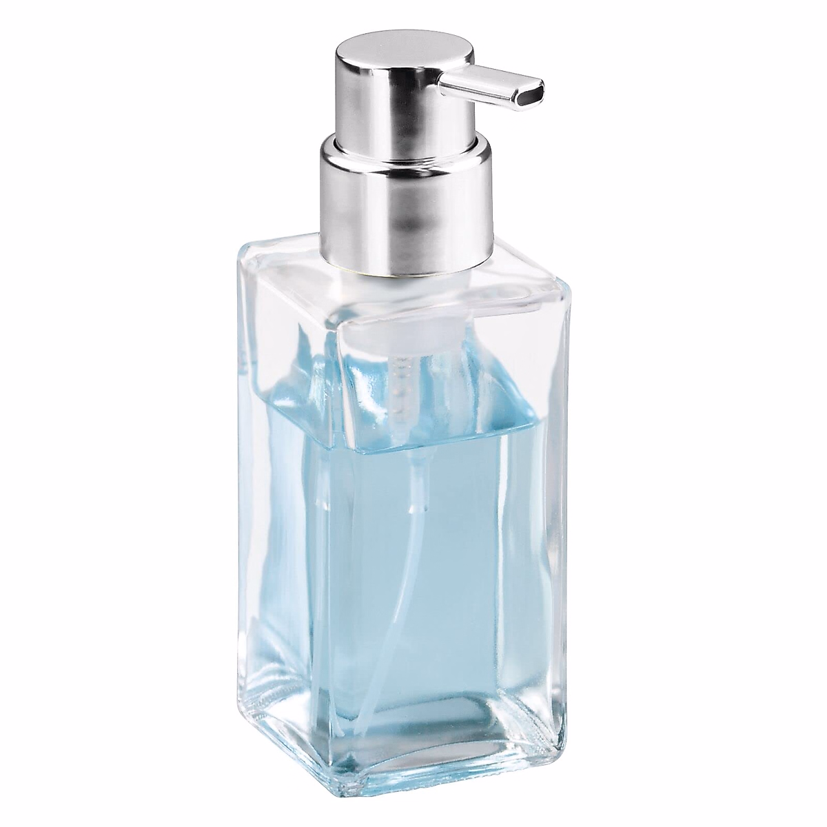 mDesign Modern Square Glass Refillable Foaming Hand Soap Dispenser Pump Bottle for Bathroom Vanities or Kitchen Sink, Countertops - Clear/Chrome