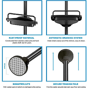 FRDECON Rustproof Shower Caddy Corner for Bathroom, 4-Tier Tension Pole Stainless Steel Shower Organizer, 56 to 117 Inch Adjustable Bathtub Shower Shelf Storage with 1 Tower Bar, Black